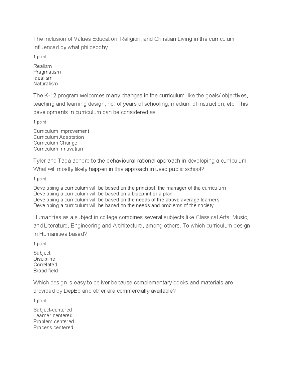 M1 - Values Education & Curriculum Philosophy Sample Test - Studocu