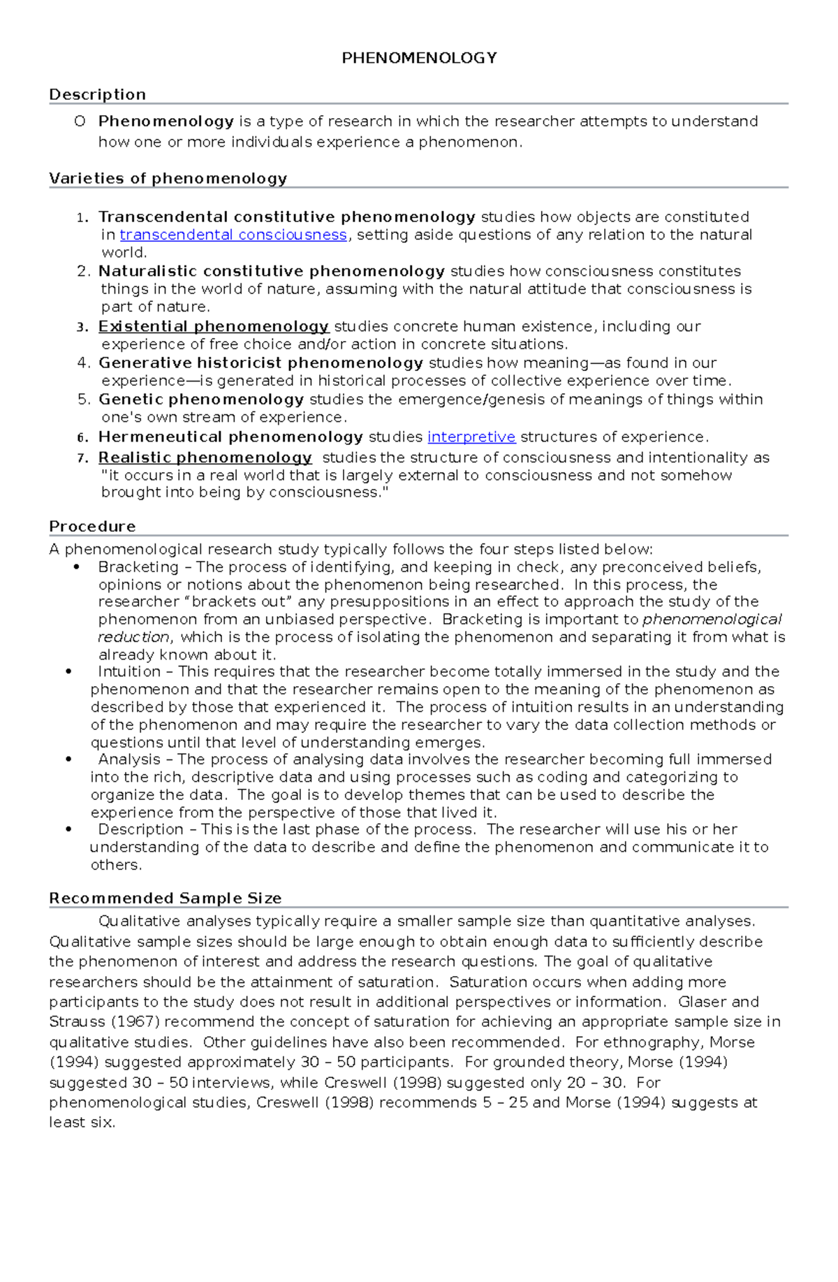 Phenomenology Research Notes: Understanding Human Experience - Studocu