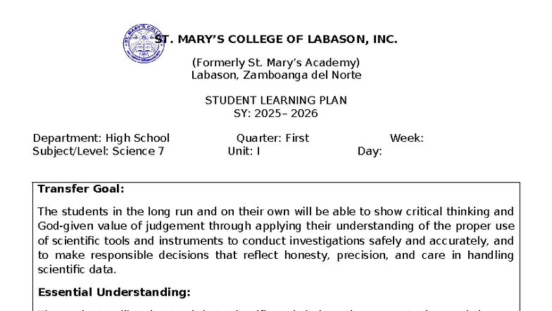 LP For G7 - L1-2 - Scientific Tools Lesson Plan - Studocu