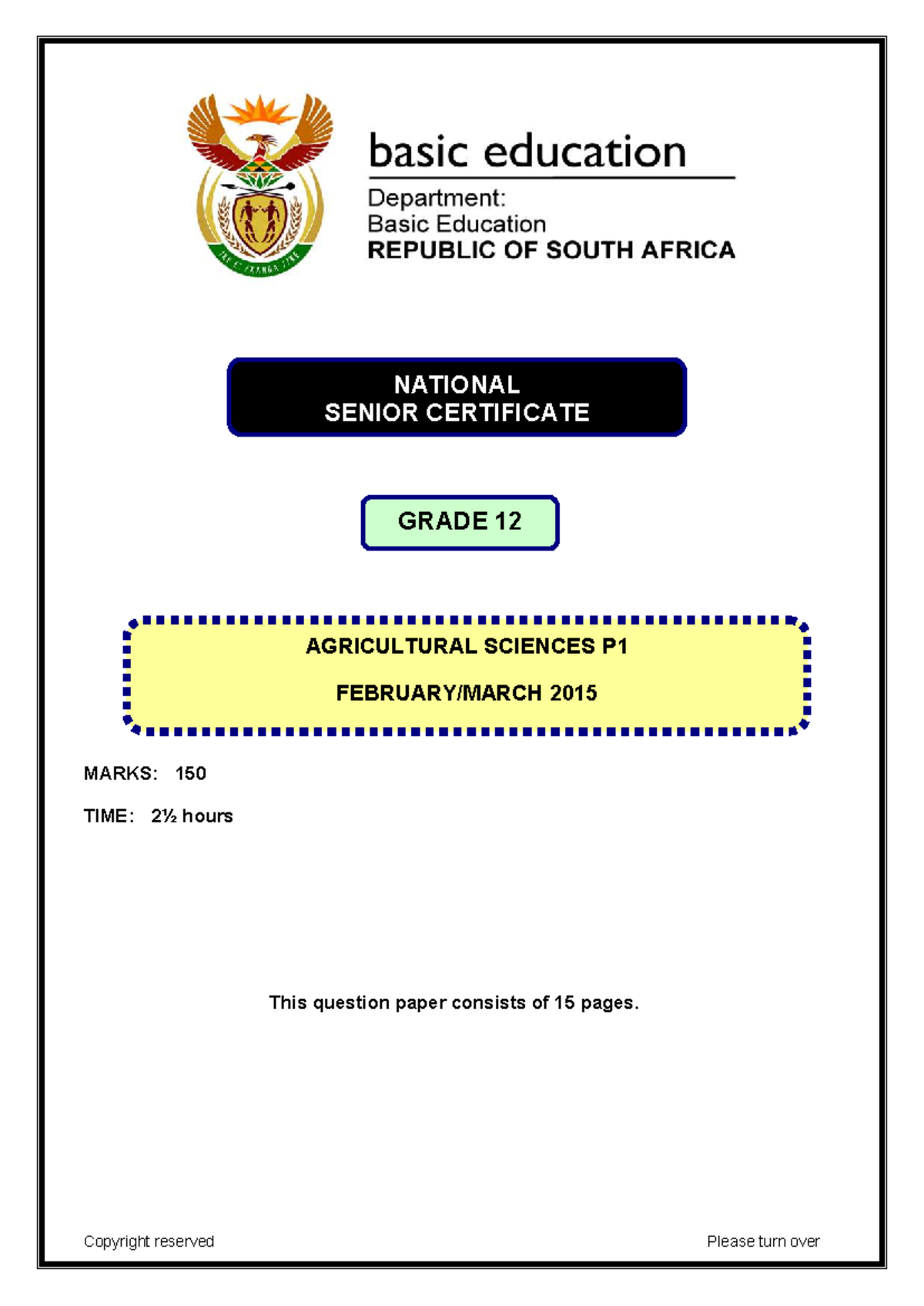 Agric P1 March 2015 - NSC Grade 12 Previous Question Paper - Studocu