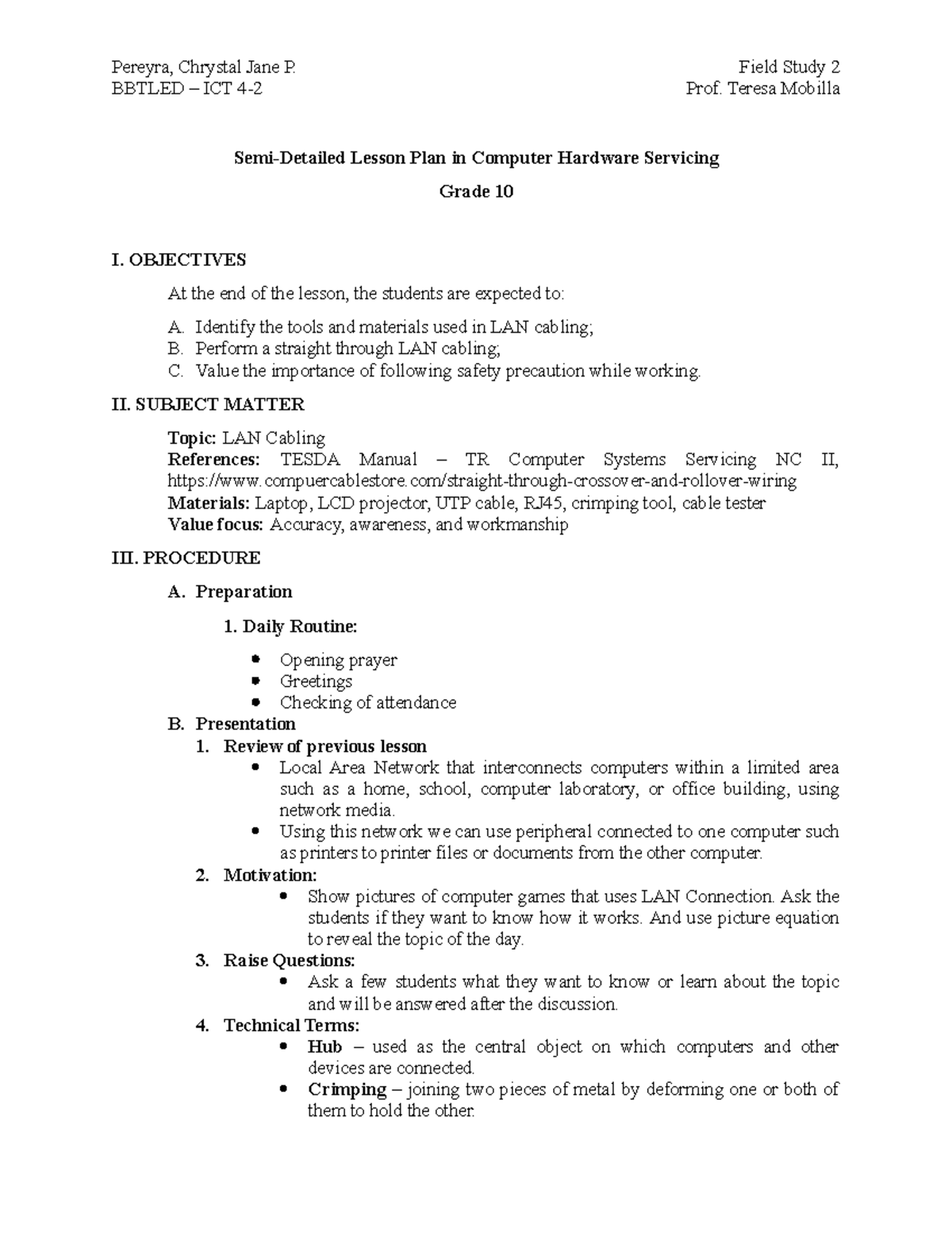 ICT4-2 Semi-Detailed Lesson Plan on LAN Cabling for Grade 10 - Studocu