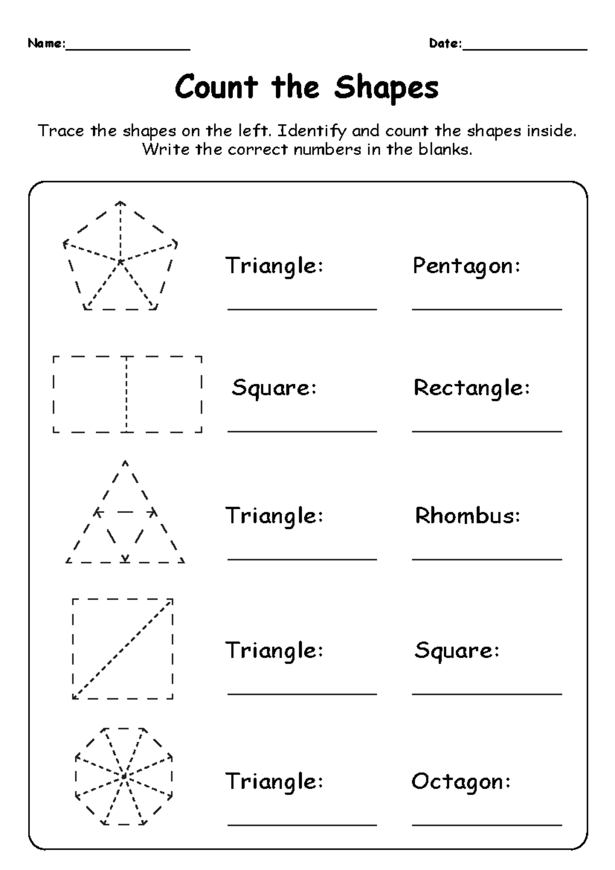 Count the Shapes - Kindergarten Worksheet - Trace the shapes on the ...