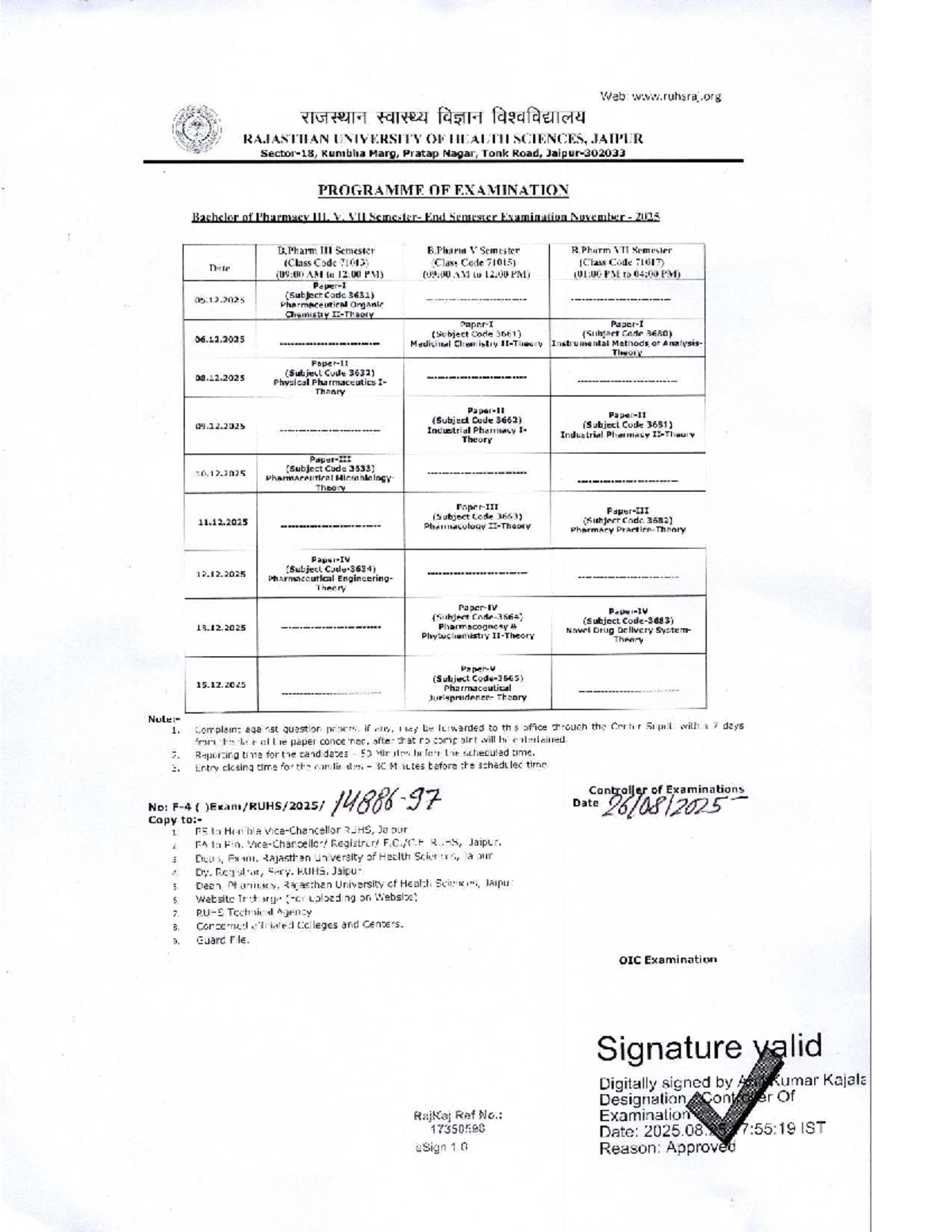 B. Pharm III, V & VII Sem Exam Time Table - Nov 2025 (Class Codes 71013 ...