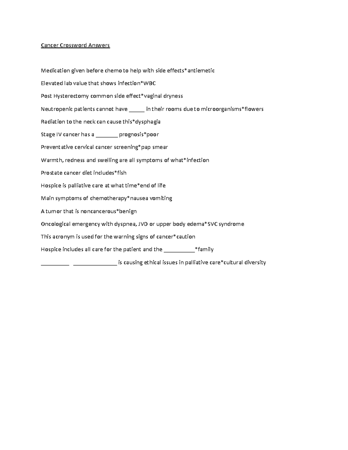 Cancer Crossword Answers - Key Terms and Concepts for Oncology - Studocu