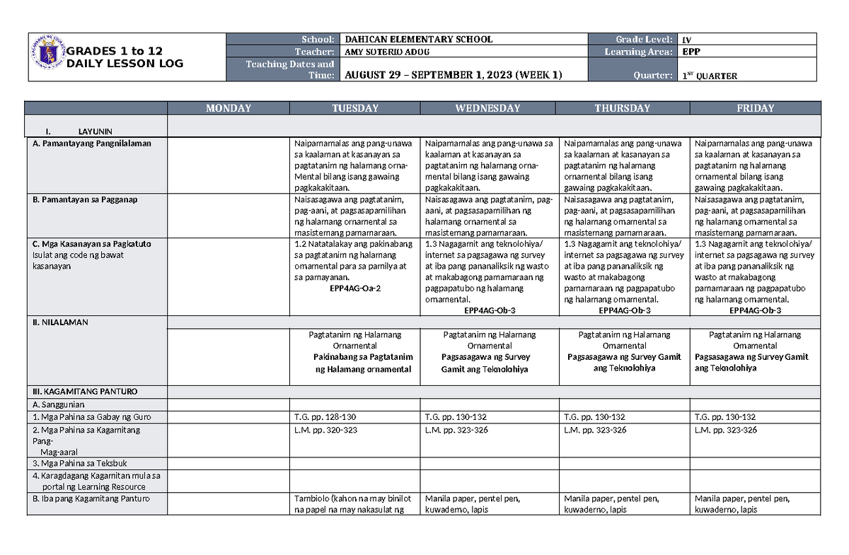 DLL EPP 4 Q1 W1 - Daily Lesson Log for EPP Grade IV (Week 1) - Studocu