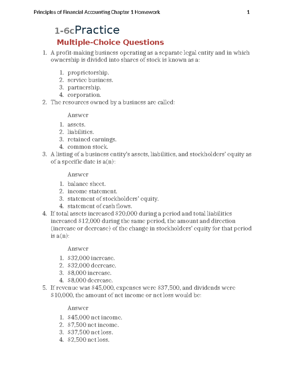Principles of Financial Accounting (ACCT101) Chapter 1 Practice ...