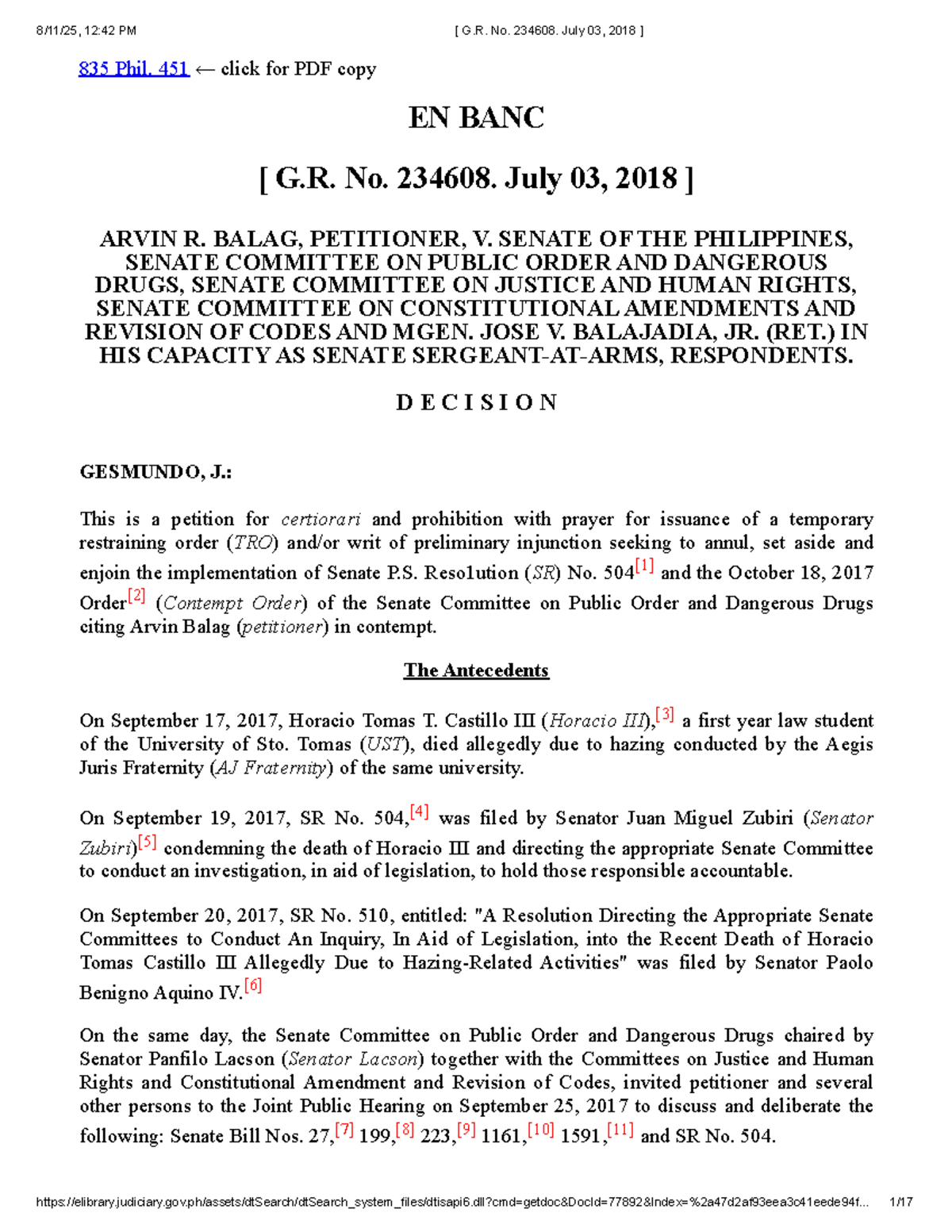 G.R. No. 234608: Balag vs. Senate - Contempt and Legislative Inquiry ...