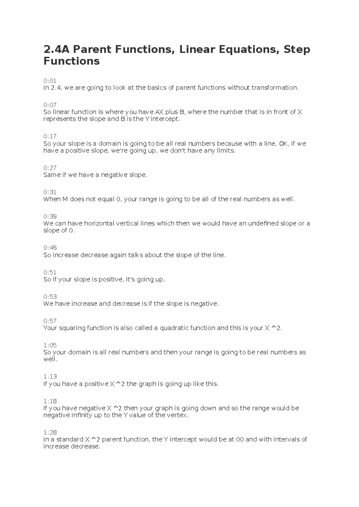 Parent Functions and Their Characteristics for Algebra 2 - 2 Parent ...