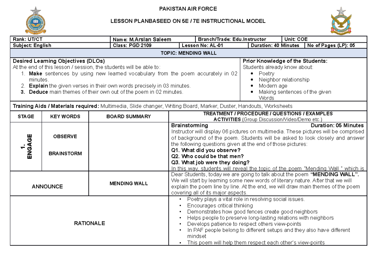 Lesson Plan Mending Wall - PAKISTAN AIR FORCE LESSON PLANBASEED ON 5E ...