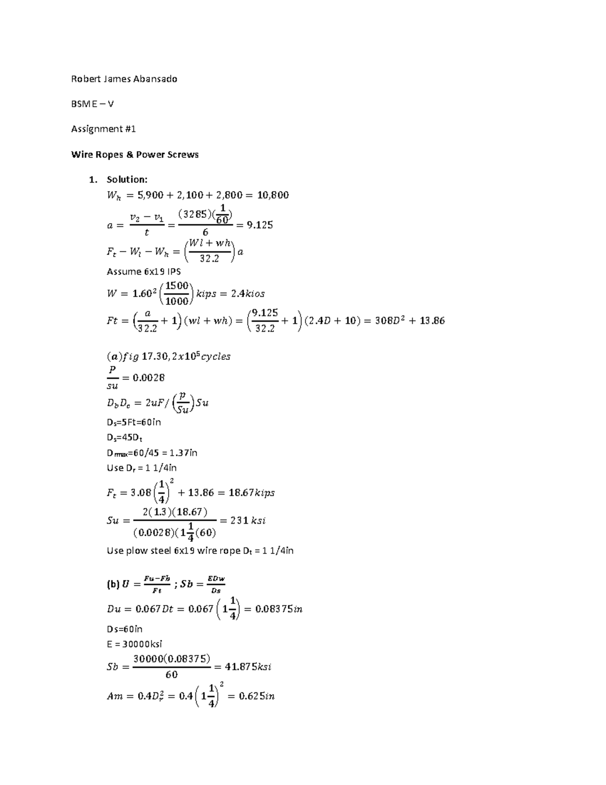 Wire Ropes & Power Screws Sample Problems BSME-V Assignment - Studocu