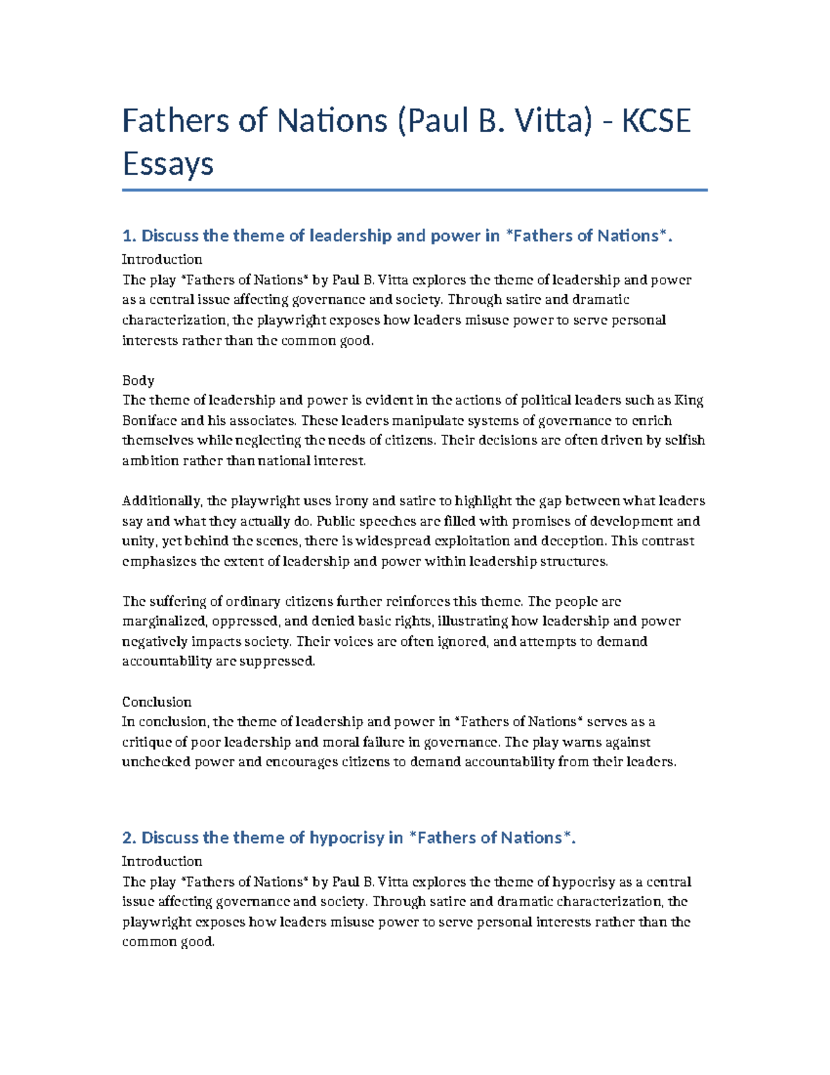 Fathers of Nations (Paul B. Vitta) KCSE Essay Themes Analysis - Studocu