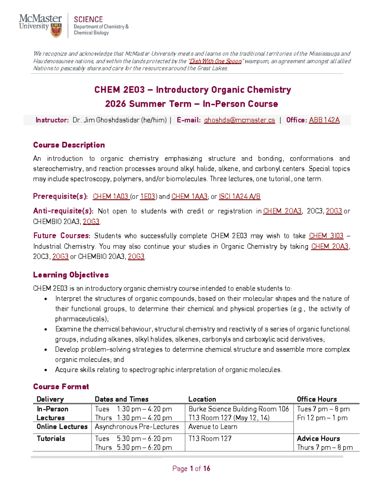 CHEM 2E03 – Introductory Organic Chemistry Course Overview S2026 - Studocu