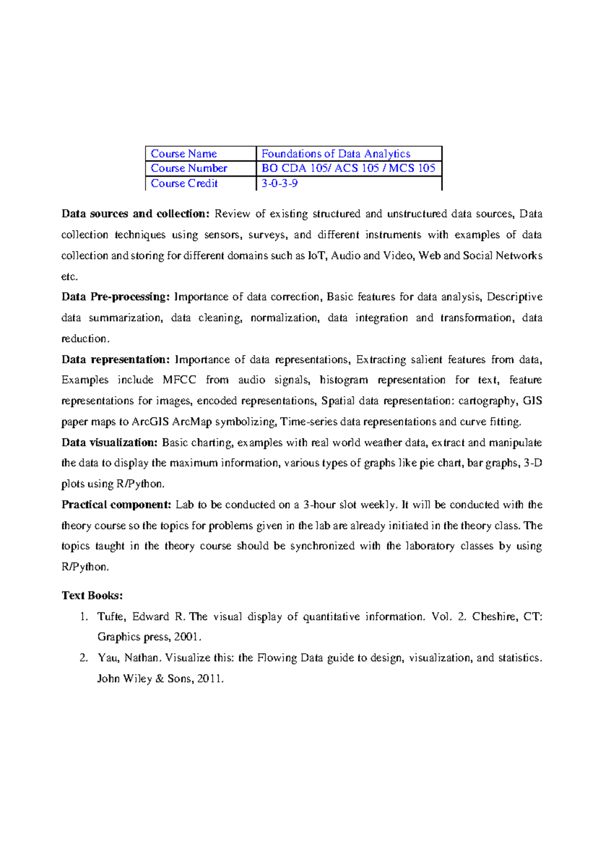 Foundations of Data Analytics Syllabus BO CDA 105 - Studocu