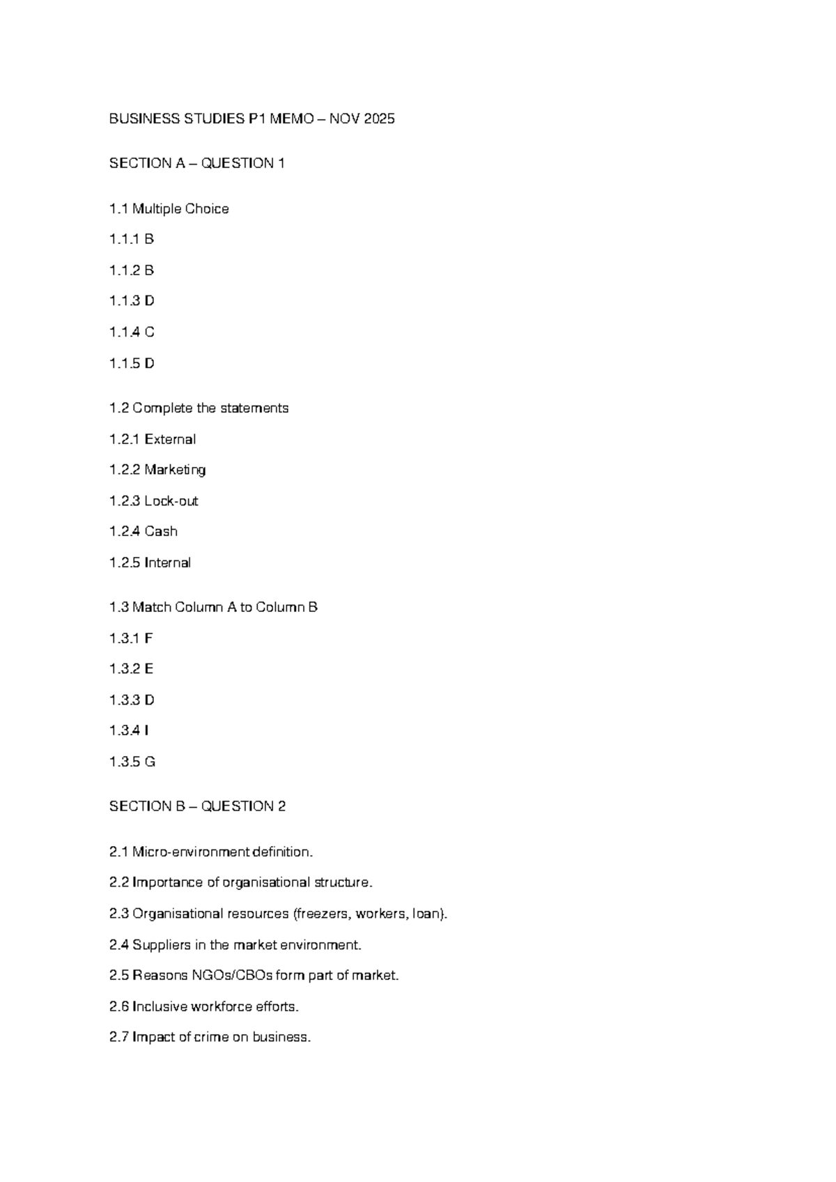 BUSINESS STUDIES P1 MEMO NOV 2025: SECTION A & B ANALYSIS - Studocu