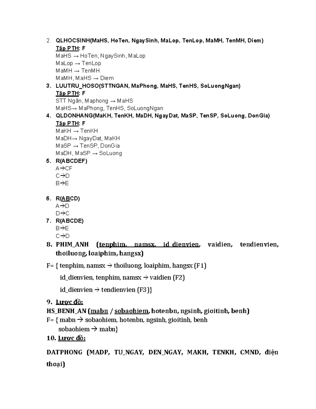 BT DC - Ôn tập Dạng chuẩn - 2. QLHOCSINH(MaHS, HoTen, NgaySinh, MaLop ...