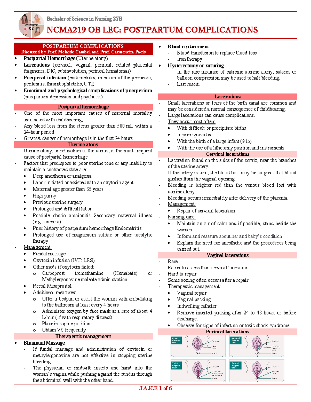 NCMA219 OB LEC: WK4 - Postpartum Complications Overview and Management ...