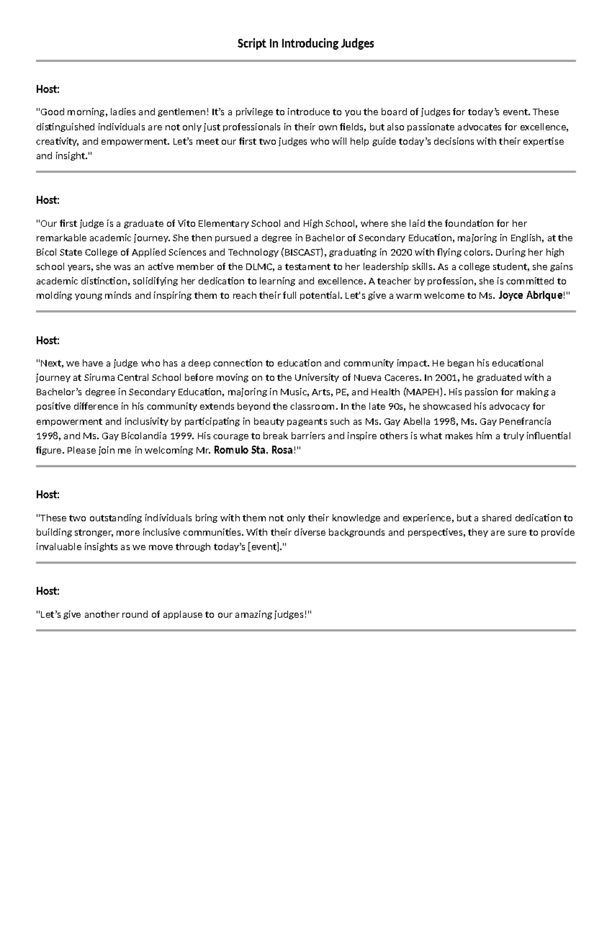 Script for Introducing Judges at Event - Studocu