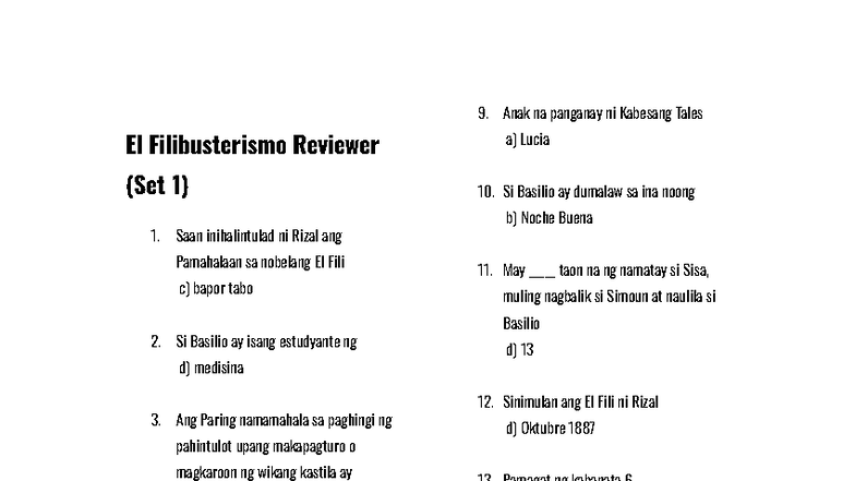El Filibusterismo Reviewer (Set 1 & 2): Mga Tauhan at Kaganapan - Studocu