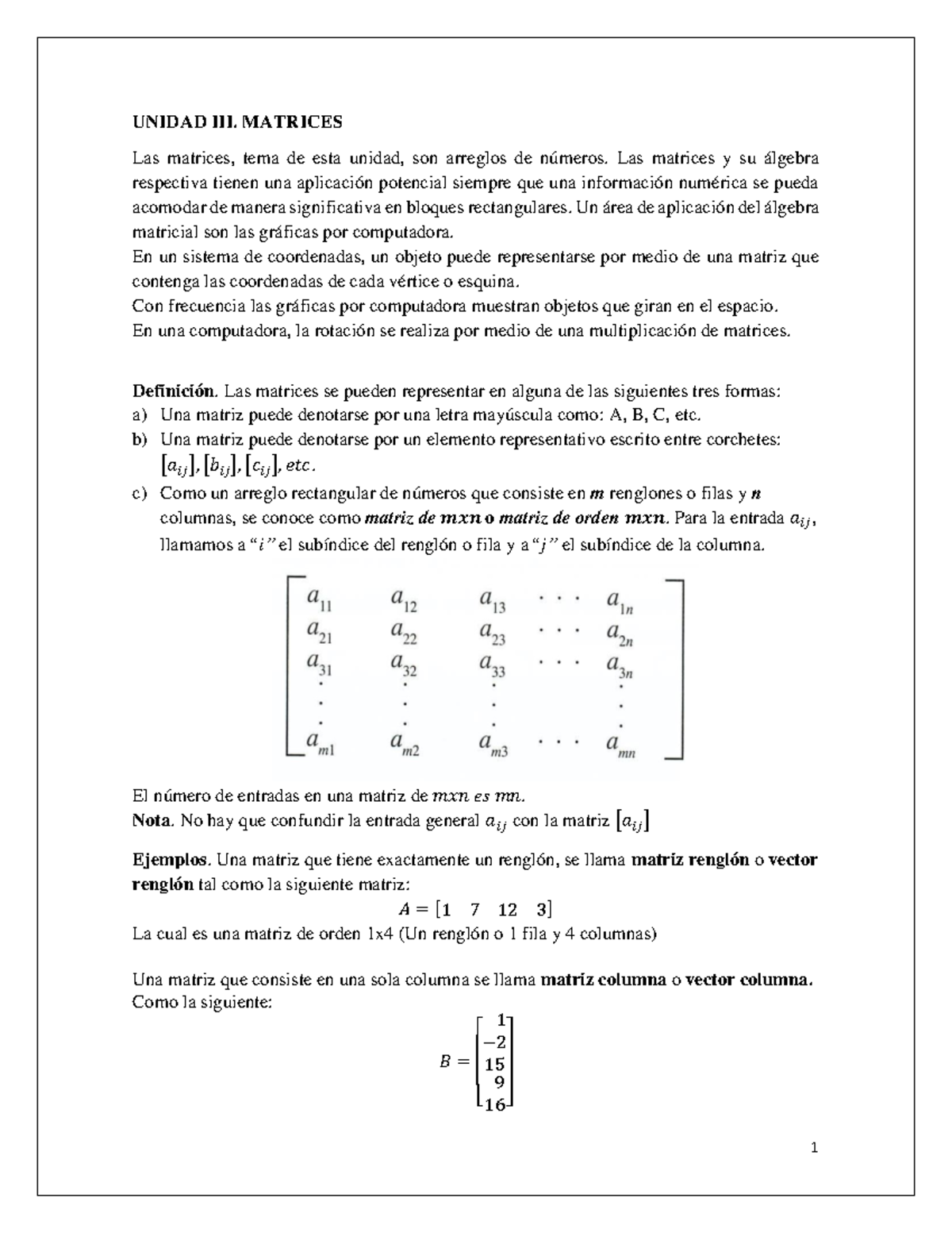Unidad III: Matrices (Parte 1) - Notas de Clase Mat 101 - Studocu