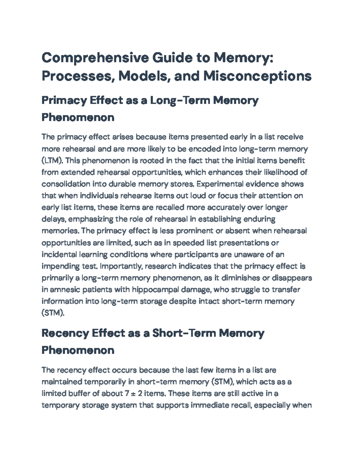 Comprehensive Guide to Memory: Processes, Models, and Effects (PSY101 ...