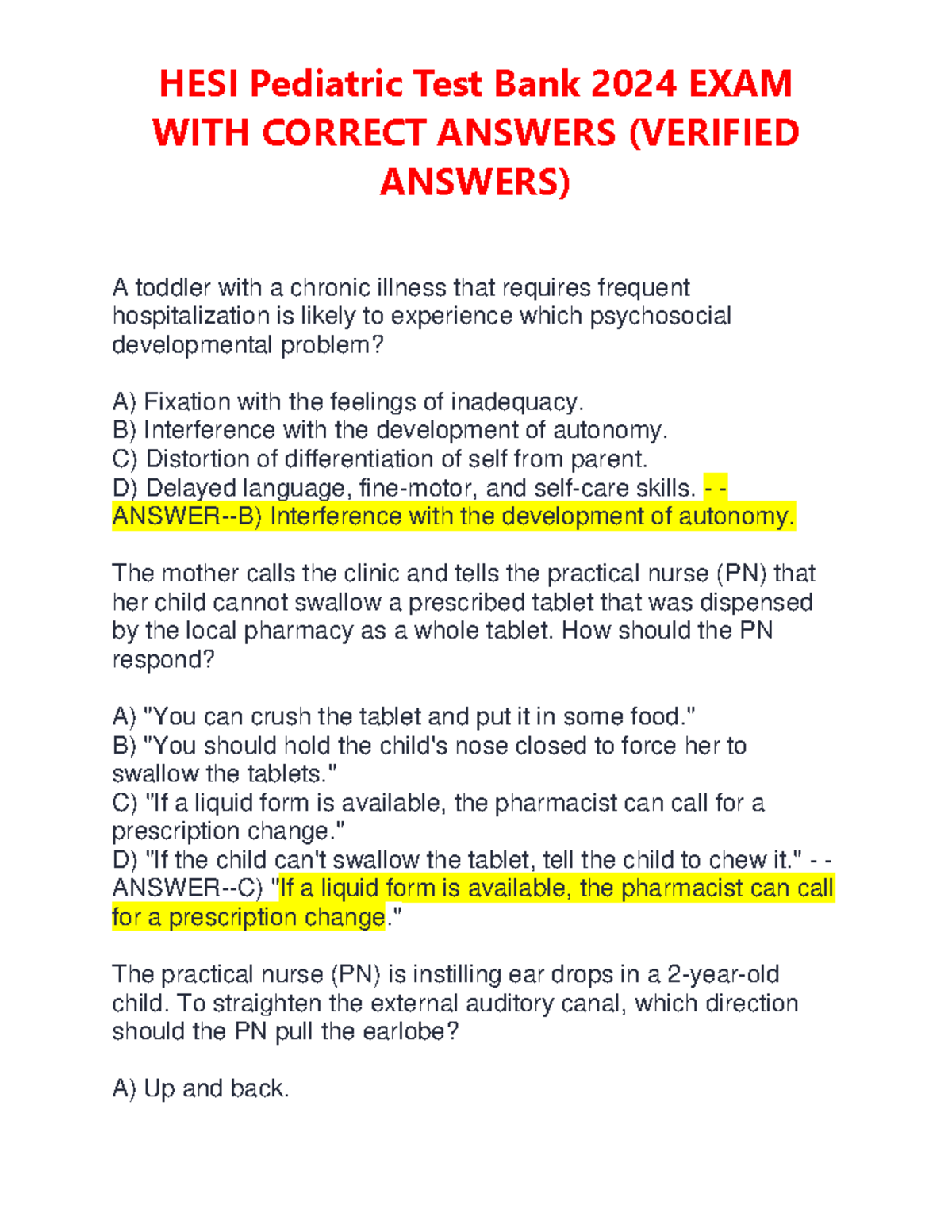 HESI Pediatric Test Bank Review with Correct Answers 2023 - Studocu