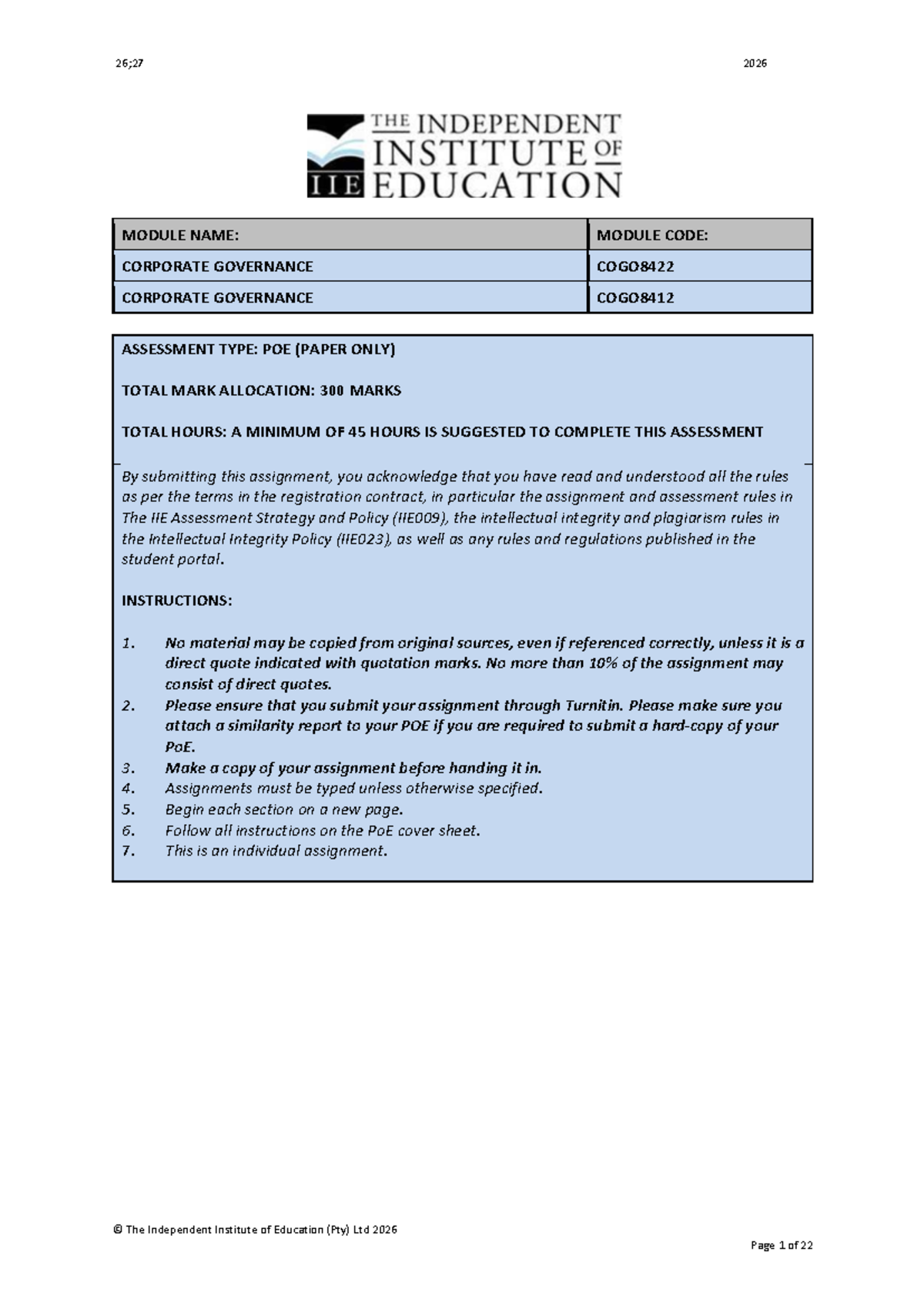 COGO8422 POE - Corporate Governance Law Assessment Report - Studocu