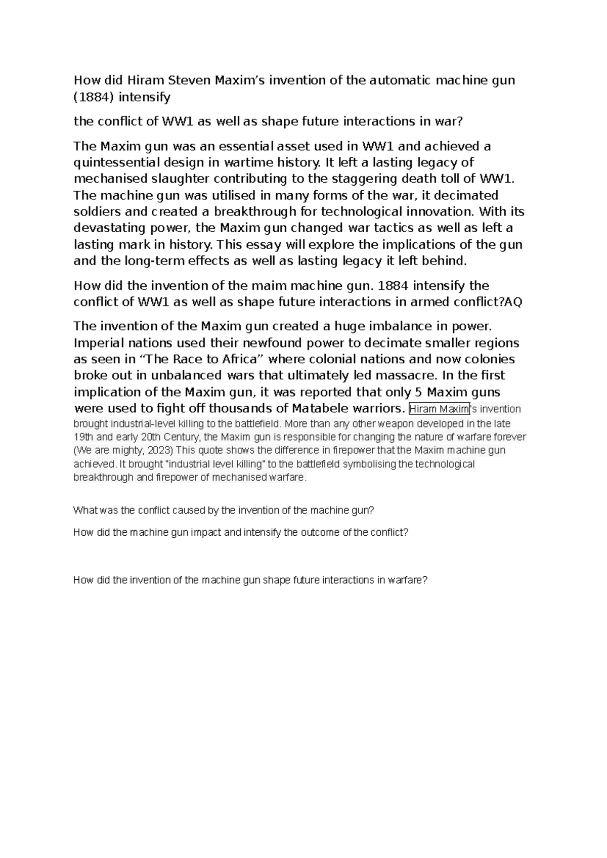 Essay Plan: The Impact of the Maxim Gun (1884) on WW1 and Future ...