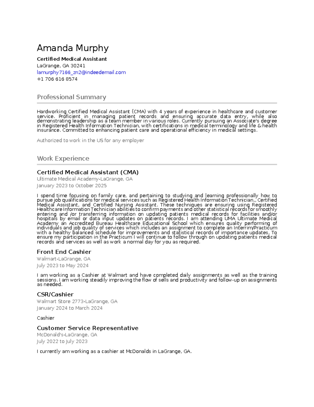 Resume of Amanda Murphy - Certified Medical Assistant (CMA) - Studocu