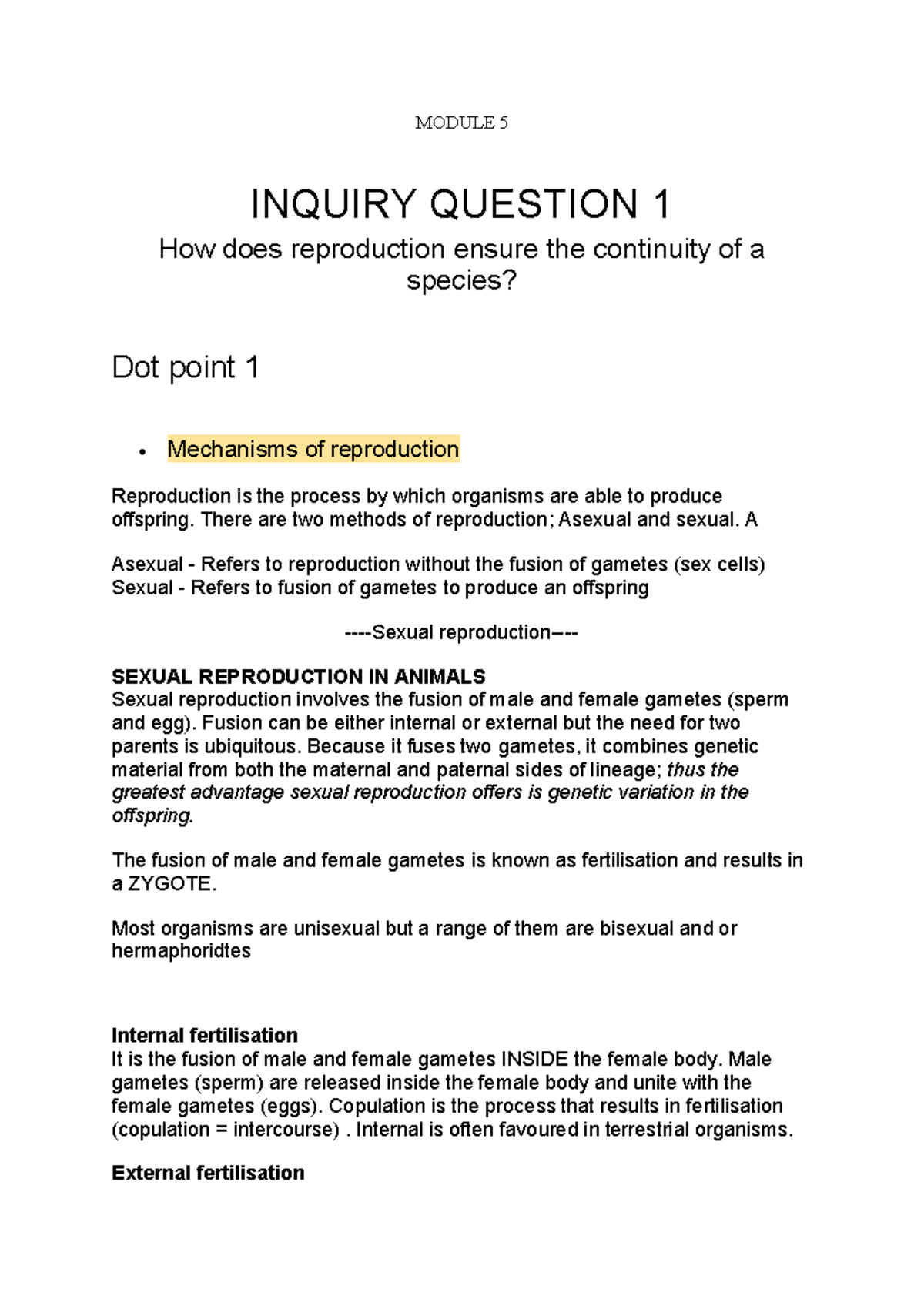 HSC Biology Module 5: Reproduction Mechanisms and Impacts - Studocu