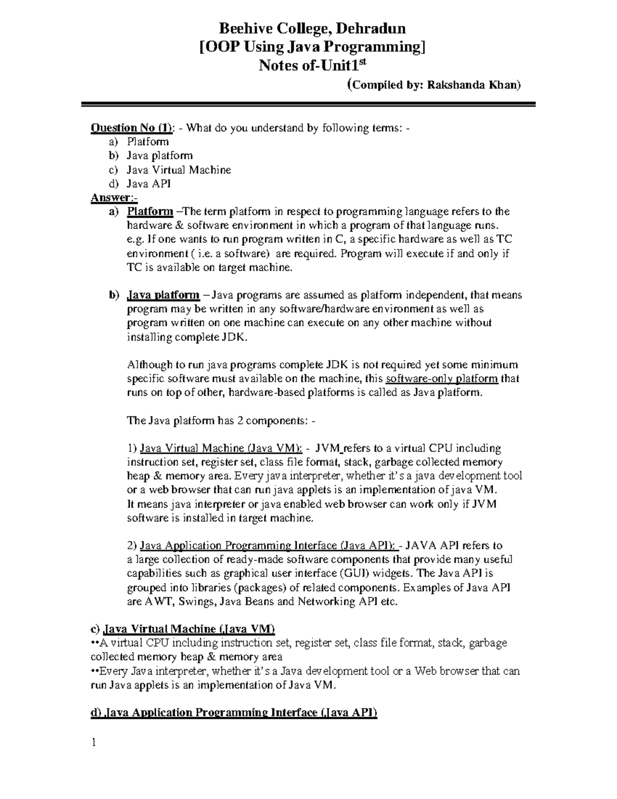 Java OOP Unit 1 Important Questions & Concepts for Exam Preparation - Studocu