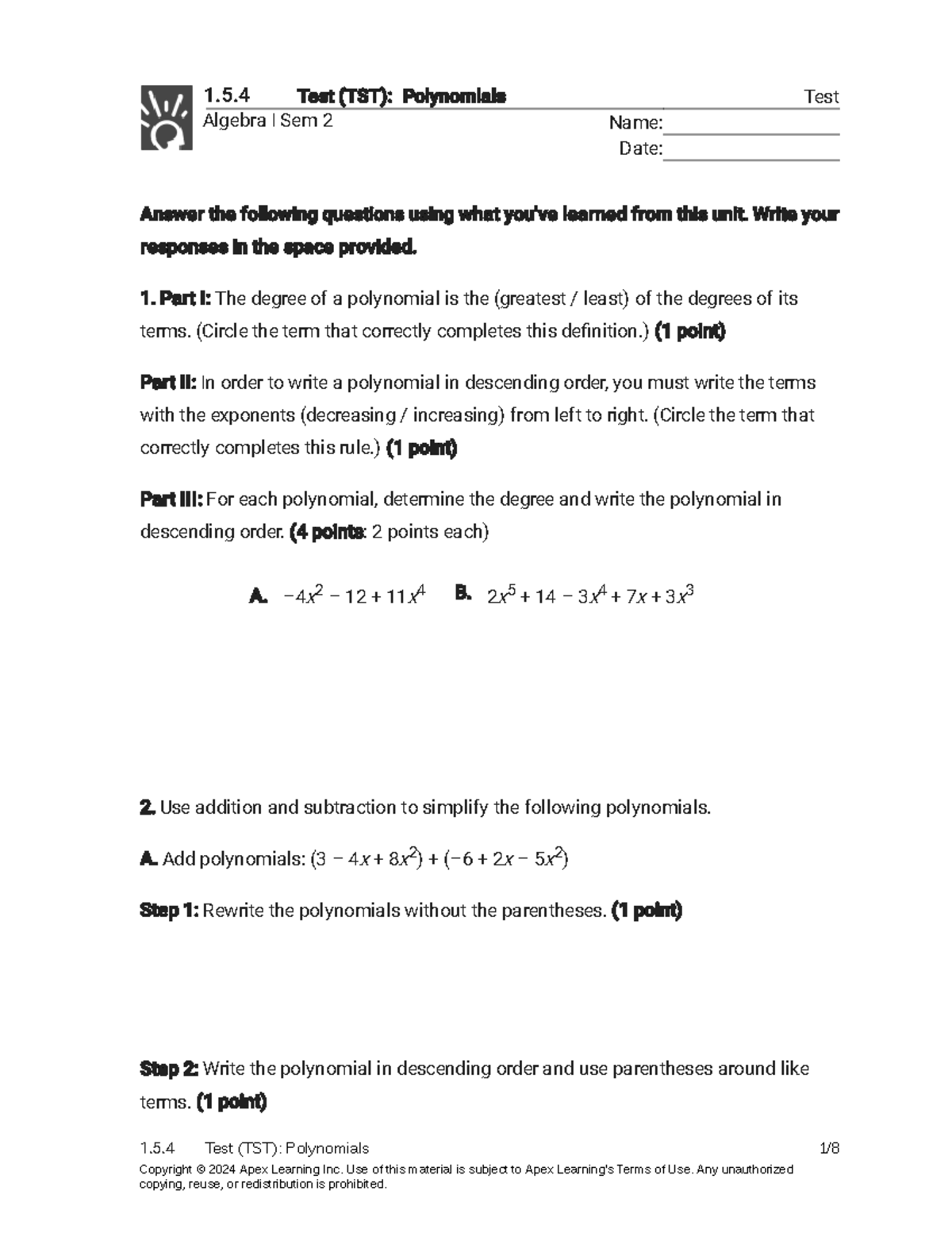 Test (TST): Polynomials - Comprehensive Exam Review Guide - Studocu