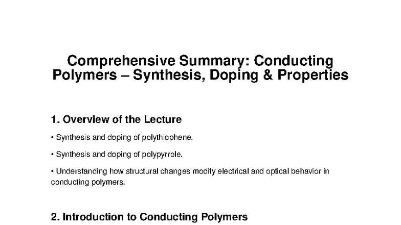 Conducting Polymers (Lecture) Expanded Summary: Synthesis ...