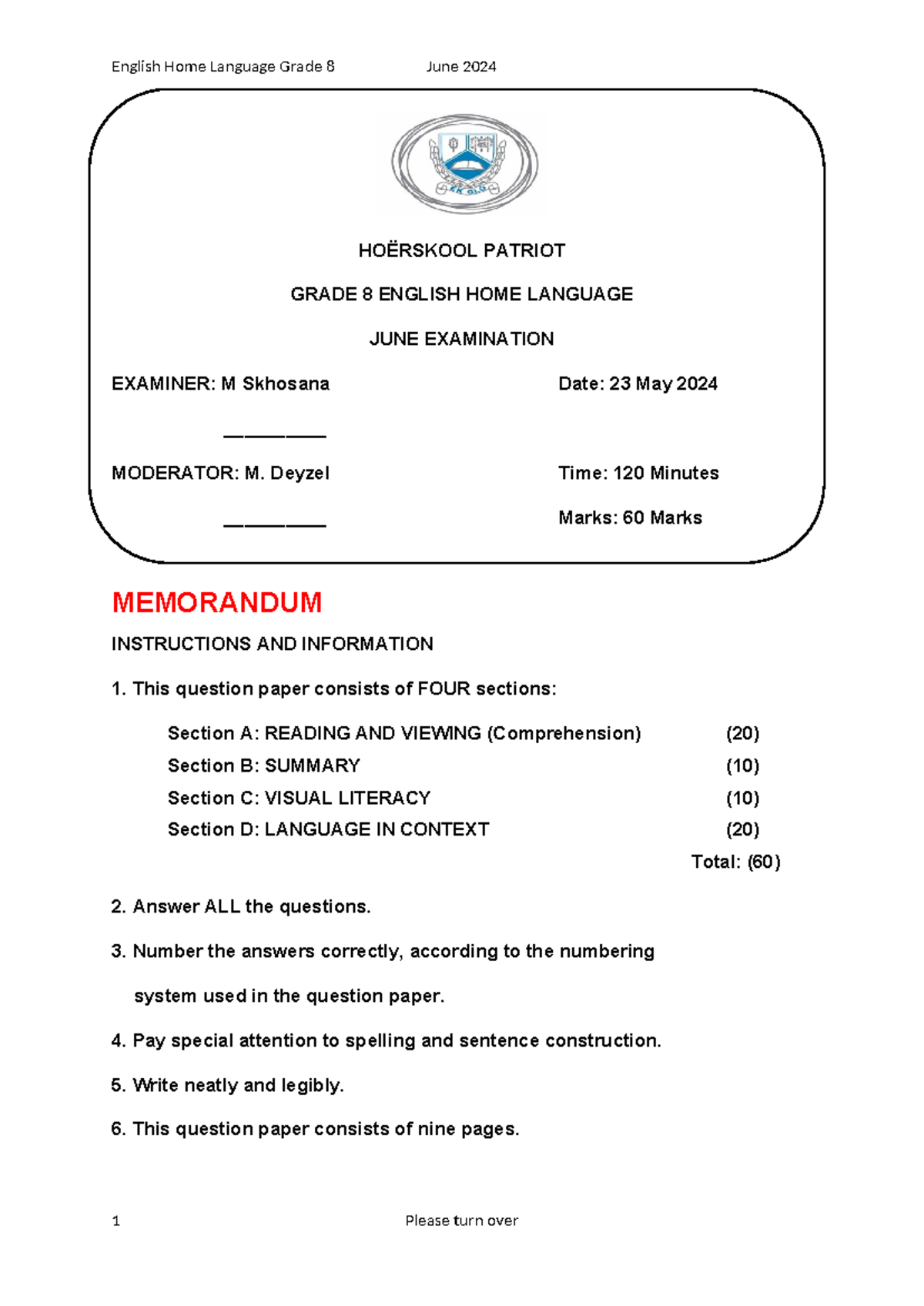Grade 8 English Home Language June Exam Memo [5746] - Studocu