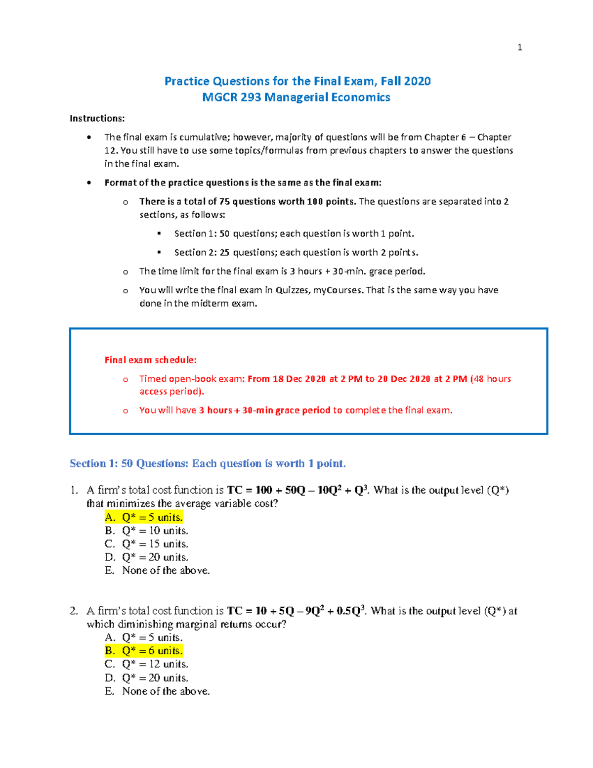 Practice MCQ for MGCR 293 Final Exam (Cumulative) - Fall 2020 - Studocu