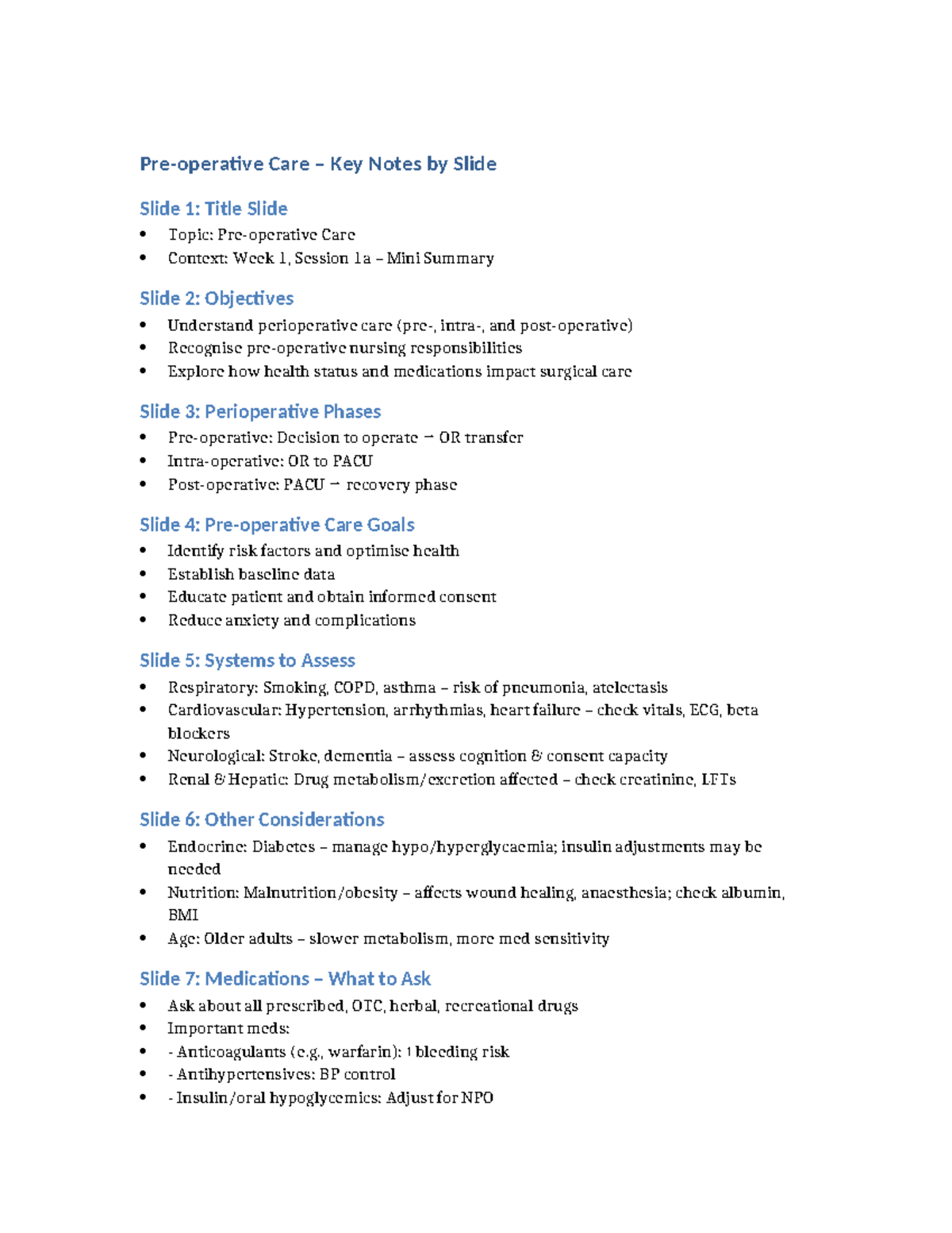 Pre-operative Care Notes: Week 1 Overview and Key Objectives - Studocu