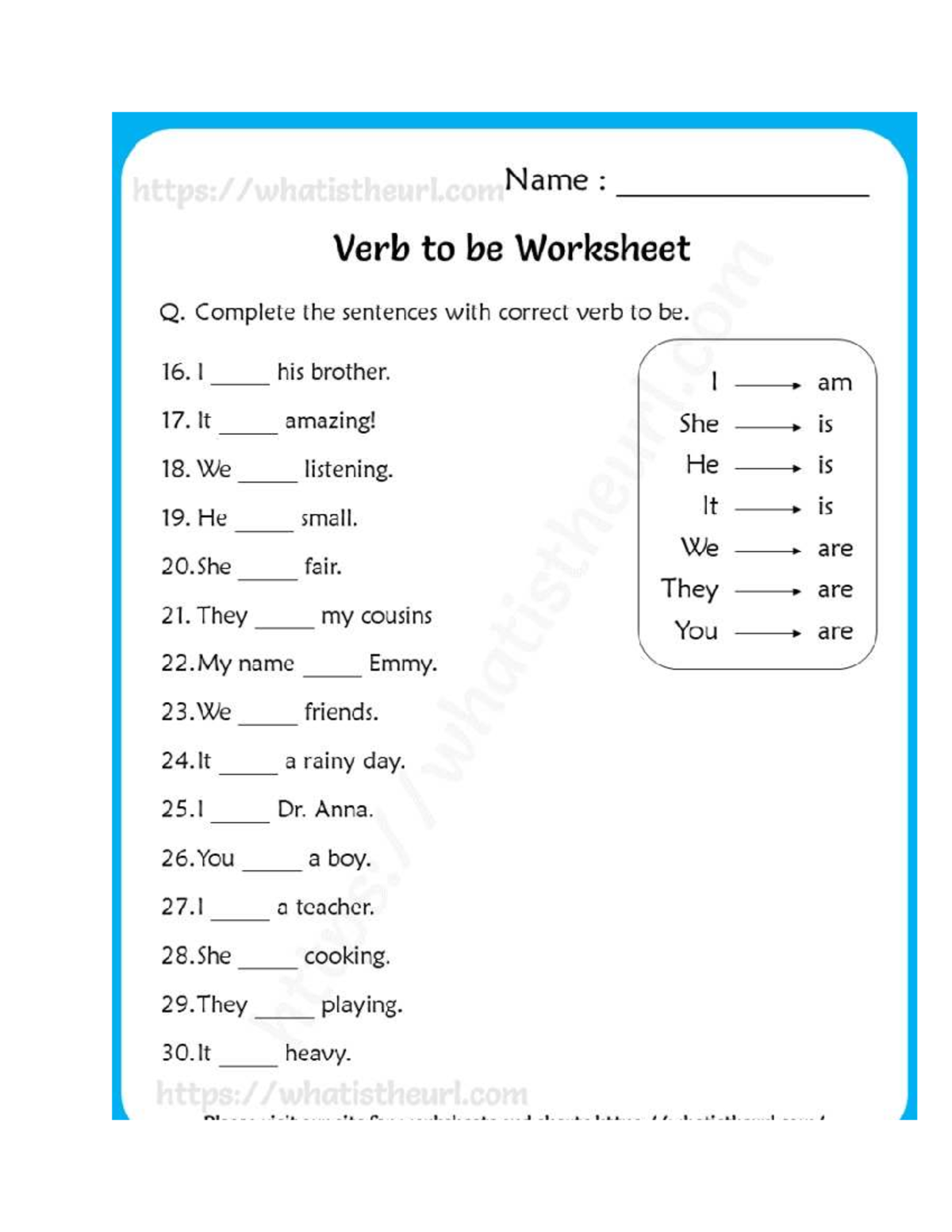 Eng Year 1: Verb to Be Worksheet & Practice Materials - Studocu