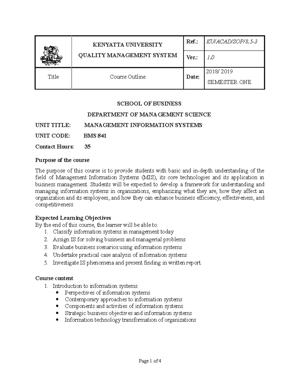 BMS 841 Course Outline: Management Information Systems (2018/19) - Studocu