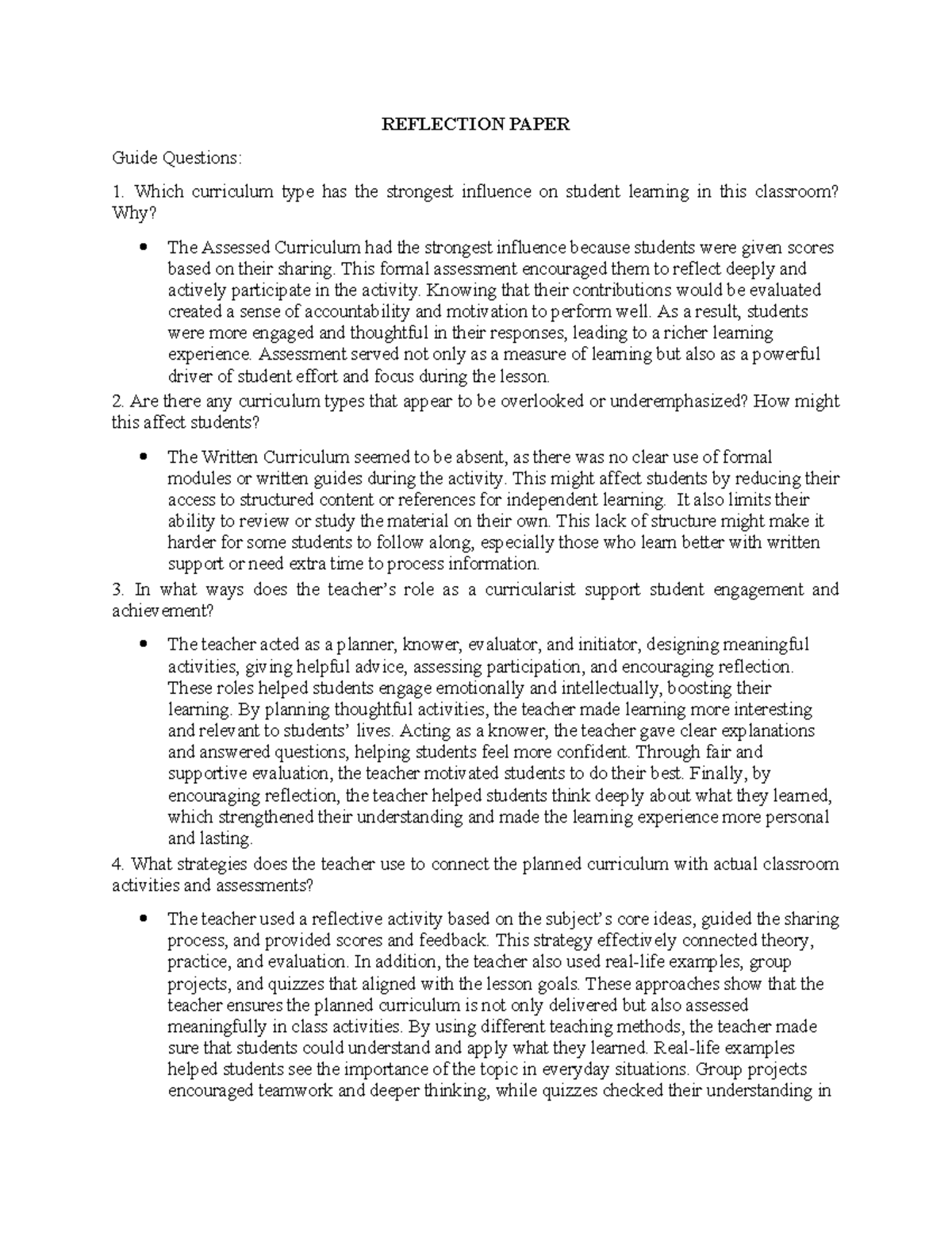 REFLECTION PAPER: Curriculum Influence on Student Learning - Studocu