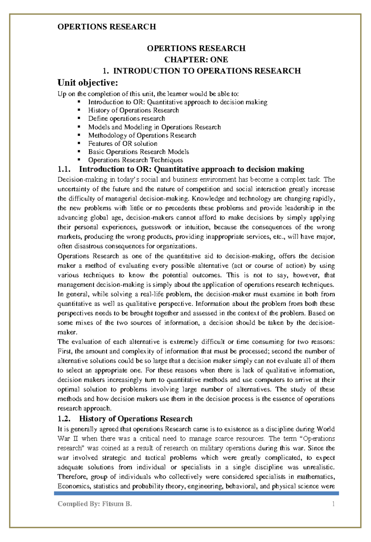 Operations Research (OR) Chapter 1: Introduction and Methodology - Studocu