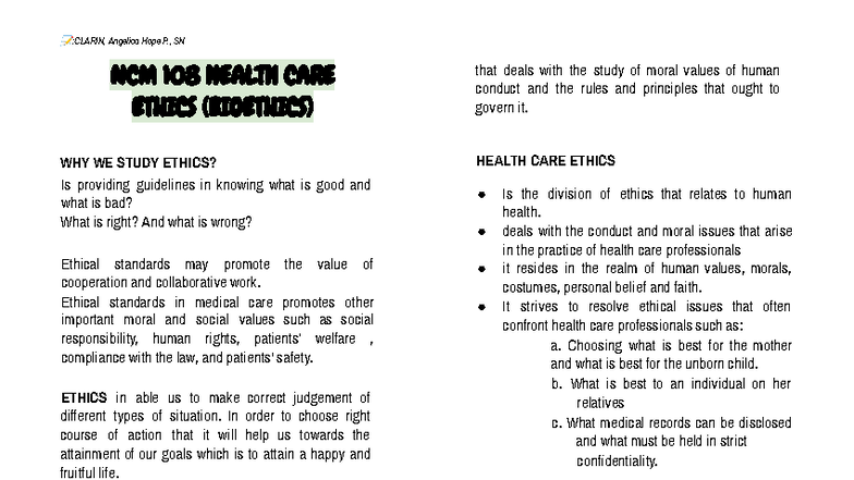 Bioethics Overview: Key Concepts in Health Care Ethics (SN NCM 108 ...