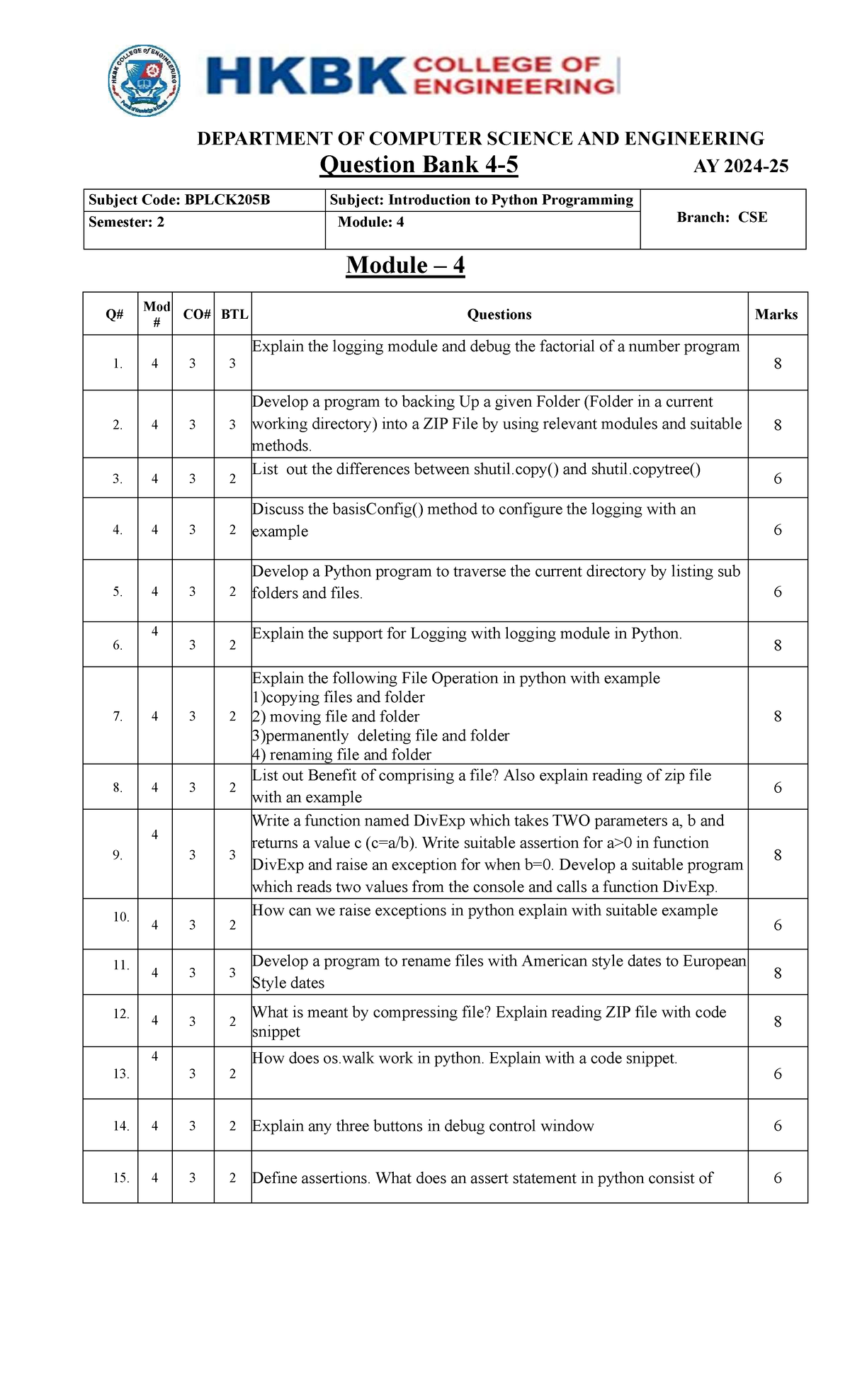 Question Bank BPLCK205B: Intro to Python Programming - Module 4 - Studocu