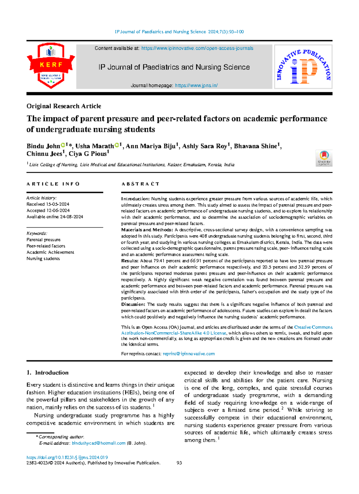 IP Journal of Paediatrics and Nursing Science: Impact of Parental ...