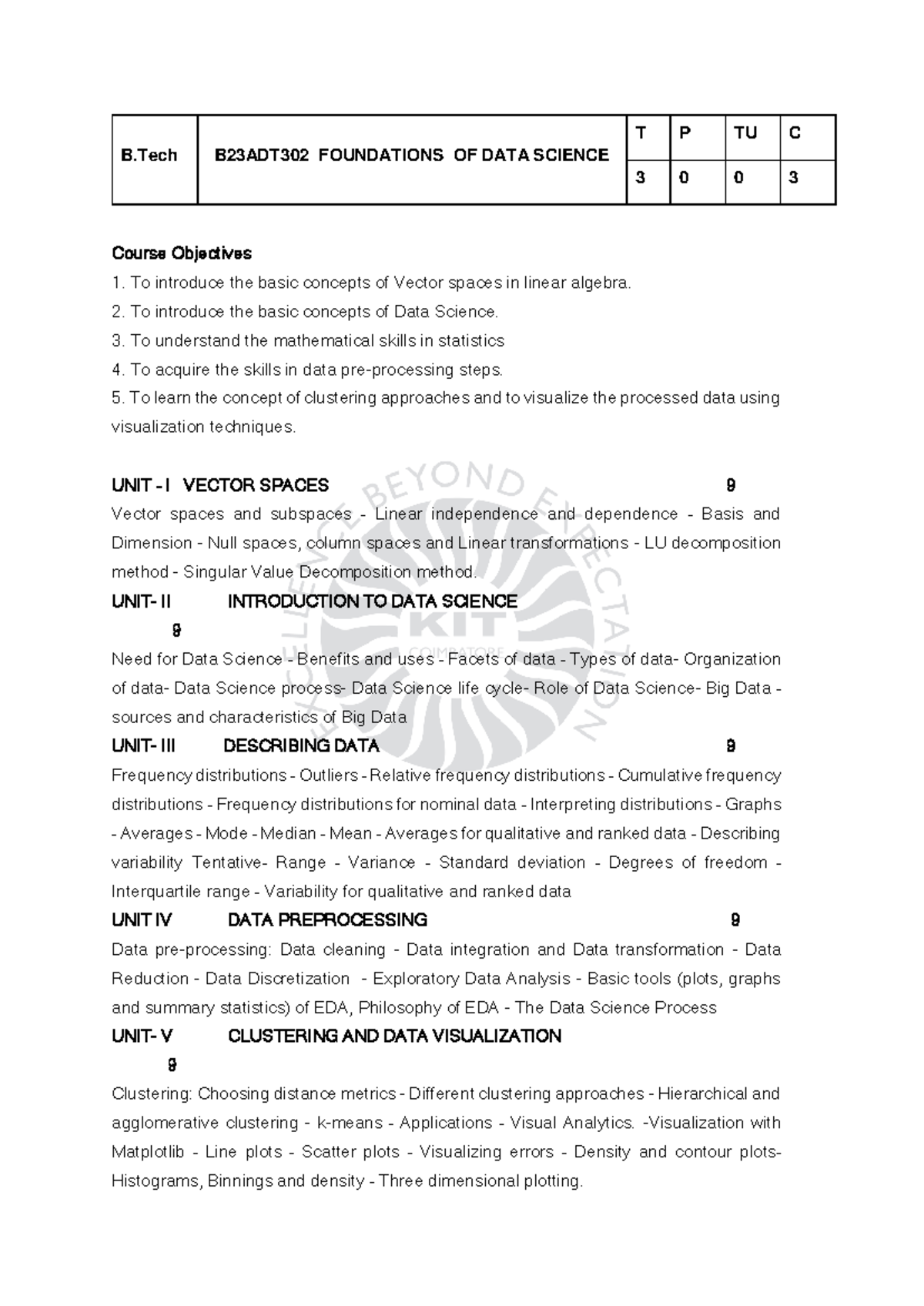 B23ADT302 Foundations of Data Science Syllabus Overview - Studocu