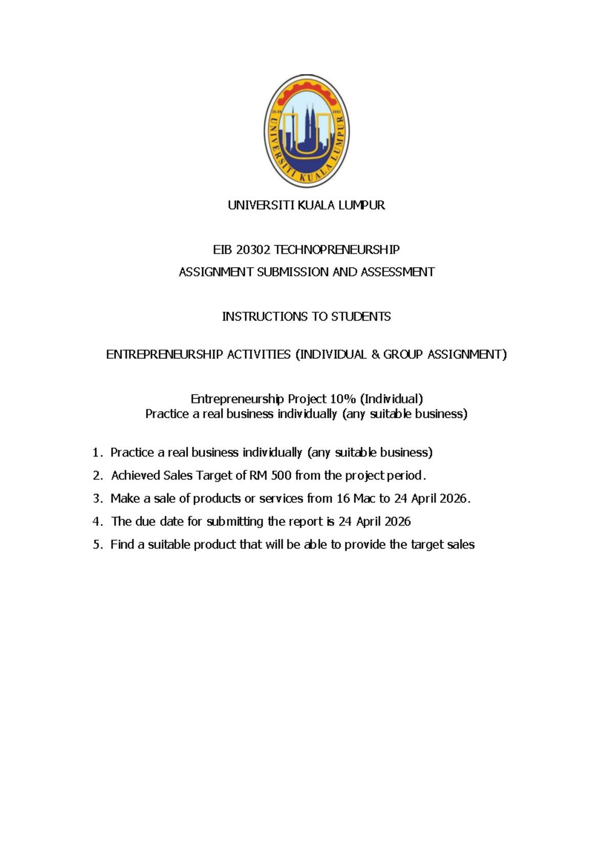 EIB 20302 Technopreneurship Assignment: Individual Project Guidelines ...