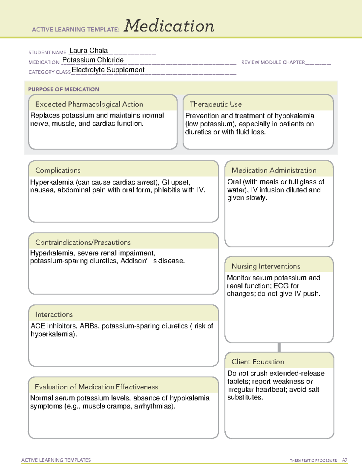 ACTIVE LEARNING TEMPLATE: Drug Card for Potassium Chloride (Electrolyte ...