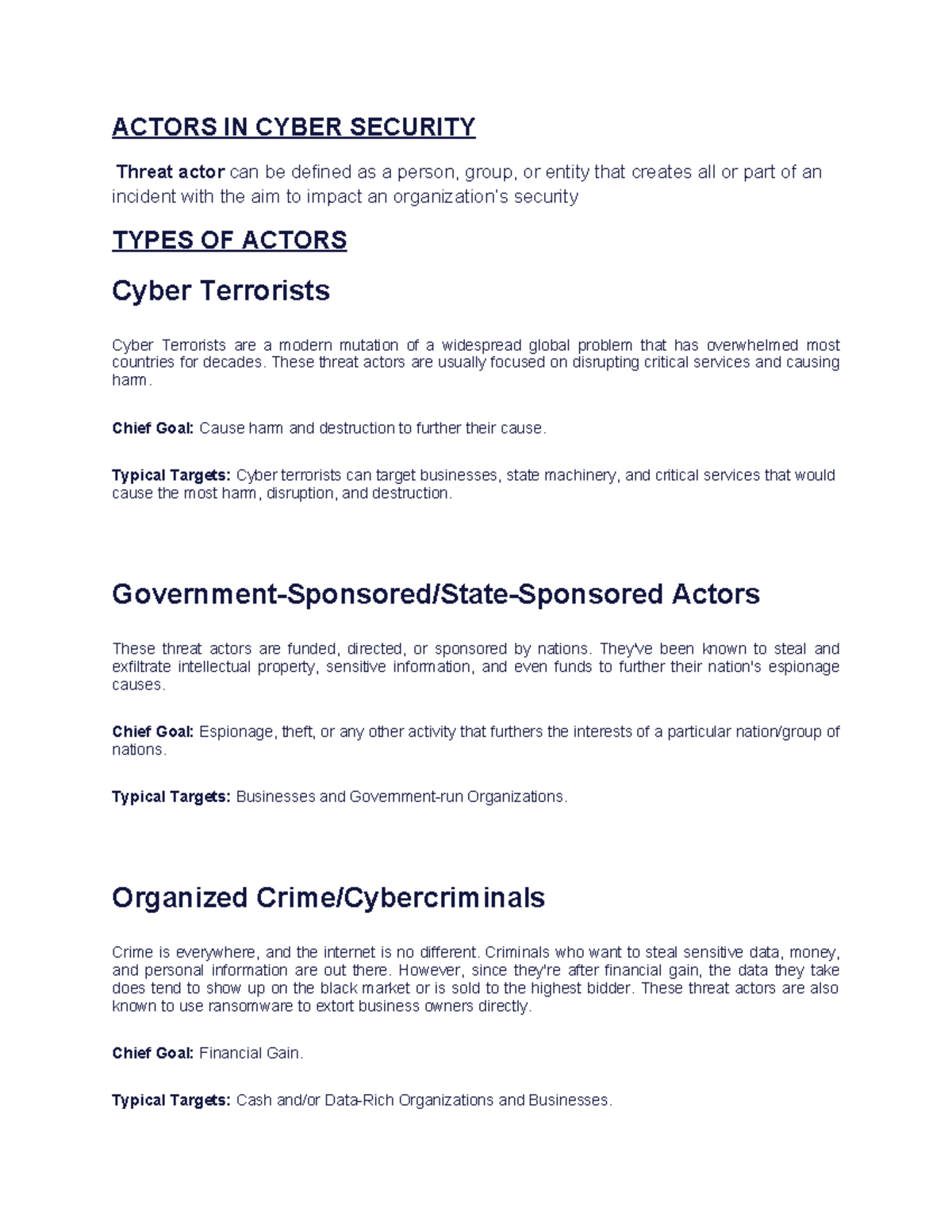 ACT 101: Types of Threat Actors in Cyber Security Explained - Studocu