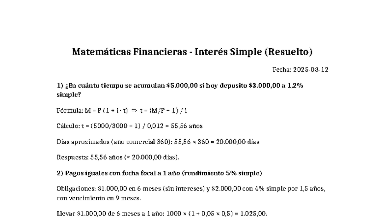 Matemáticas Financieras: Interés Simple Resuelto (Formulario) - Studocu