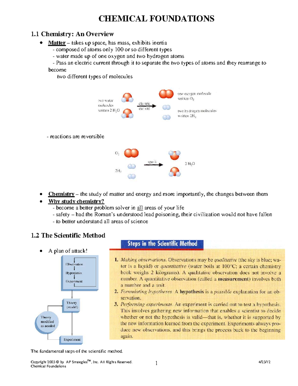 CHEM 101: Chapter 1 Summary - Chemical Foundations and Measurements ...