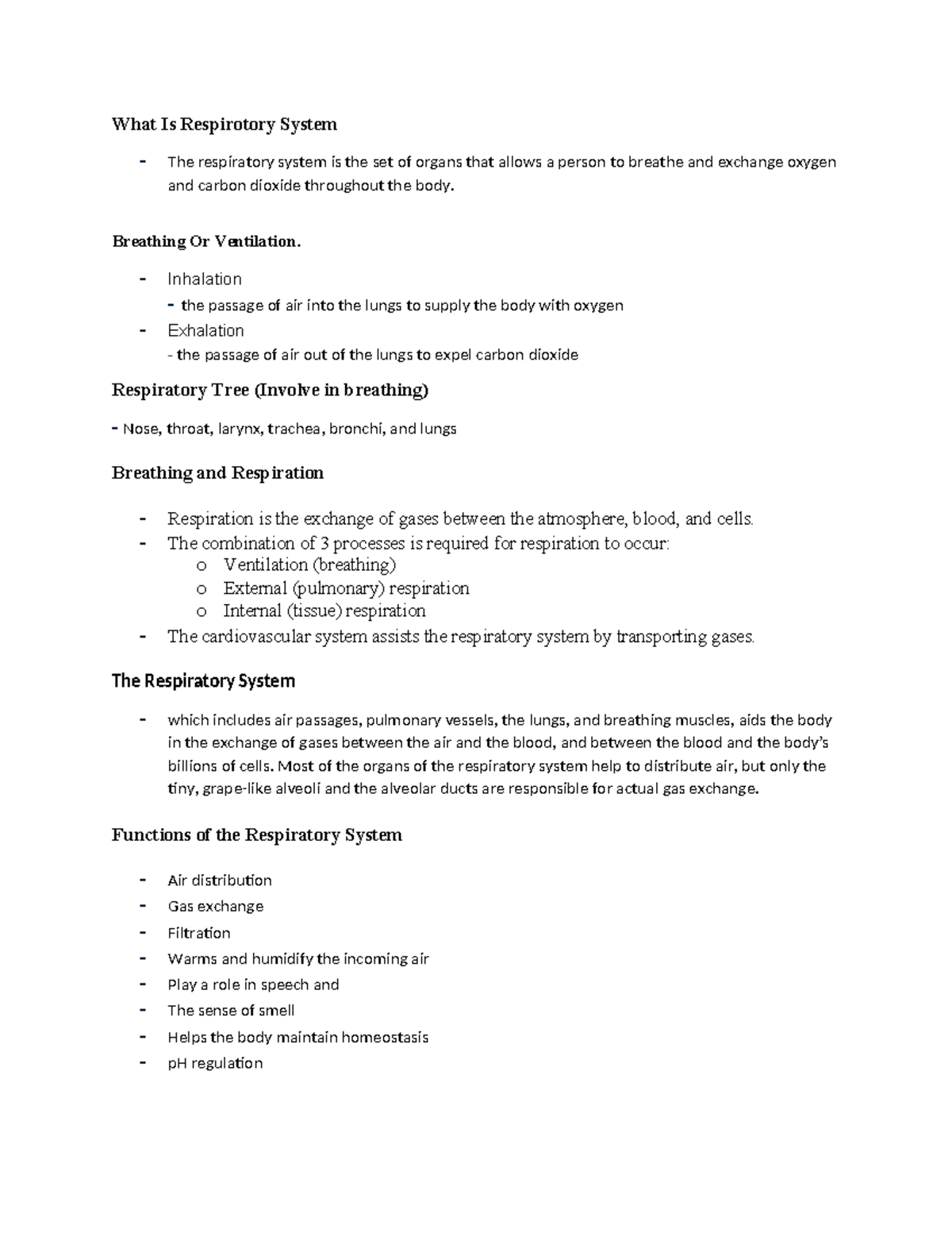 Respiratory System Overview Notes Bio 101 Studocu