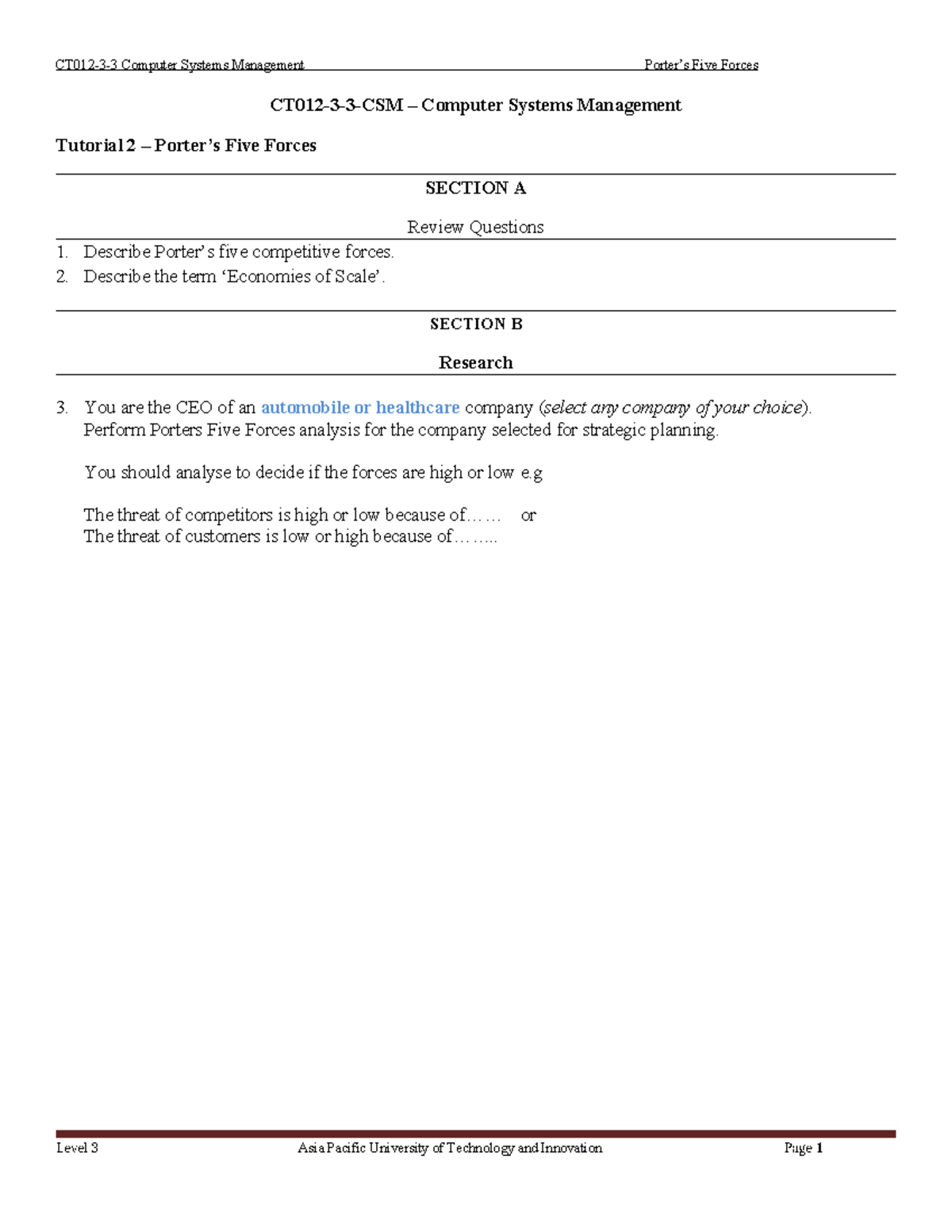 Tutorial 2 Porter's Five Forces - question - CT012-3-3 Computer Systems Management Porter’s Five ...